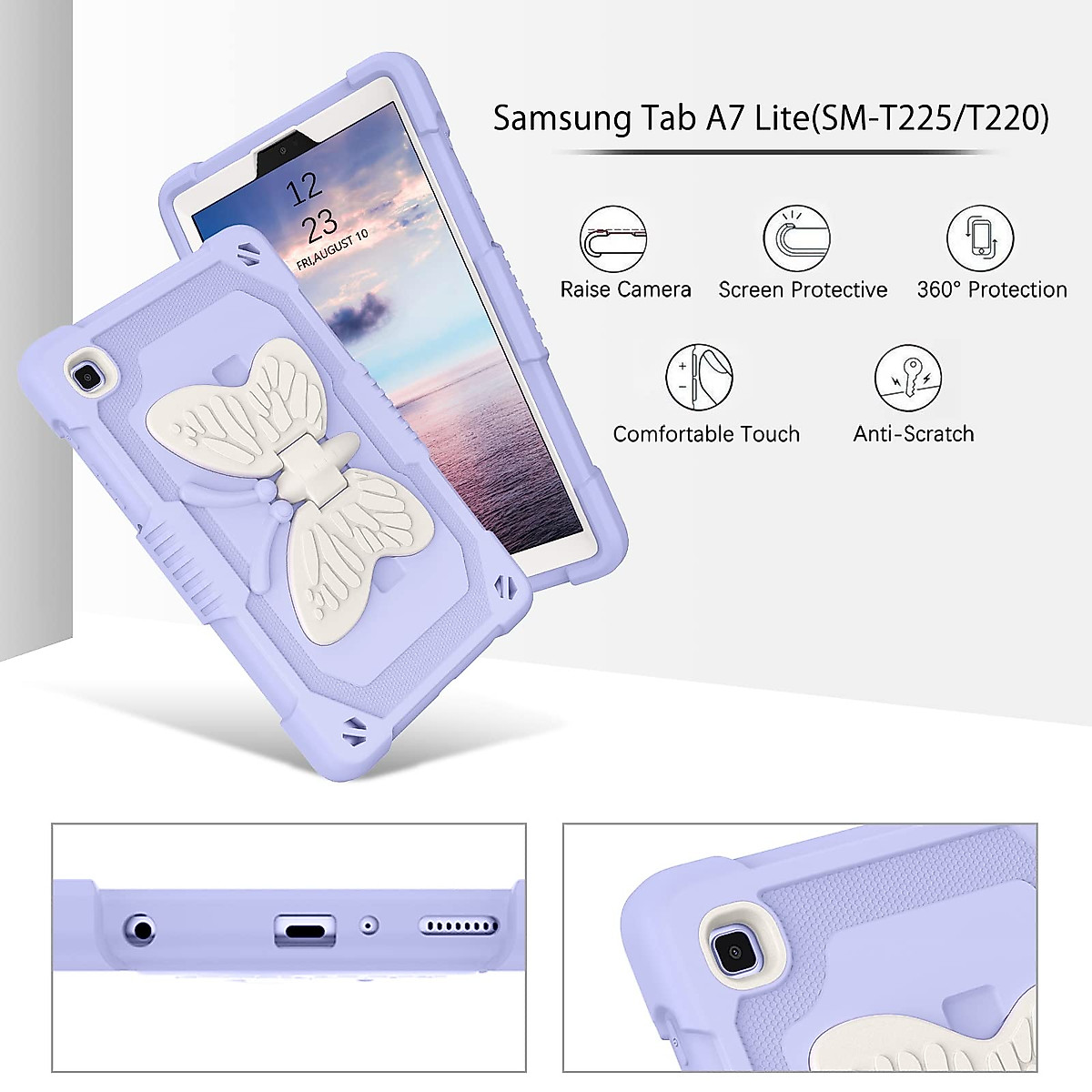 DUEDUE Design for Samsung Galaxy Tab A7 Lite 8.7” Case Butterfly Wings Kickstand Heavy Duty Shockproof Cute Full Protective Tablet Cover for Galaxy Tab A7 Lite 8.7 2021 Kids, Beige/Purple