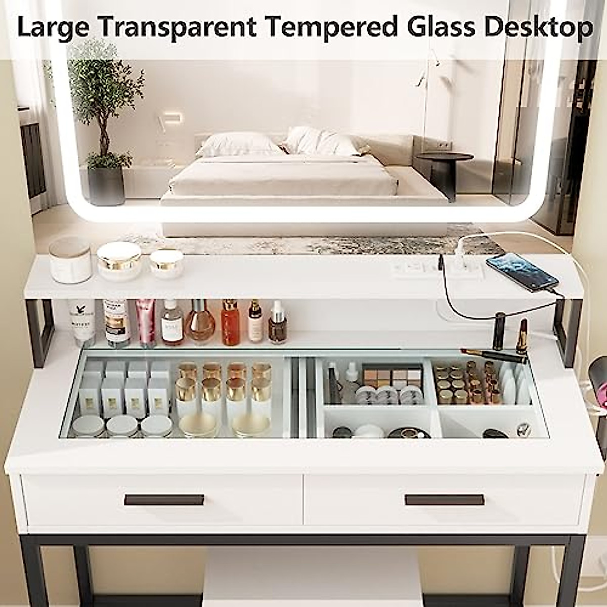 Fameill White Vanity Desk with Lights,Glass Top Makeup Vanity Table with Power Strip,Large Mirror Dressing Table Set with 2 Drawers and Hair Dryer Stand,35.4in(L)