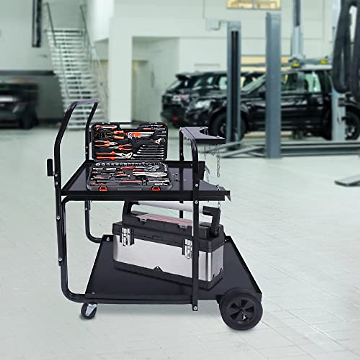 Futchoy Welding Trolly Cart，2-Tier Welding Cart Welder Portable Heavy Duty for Plasma Cutter Arc with Tank Storage Trolley Workshop Organizer