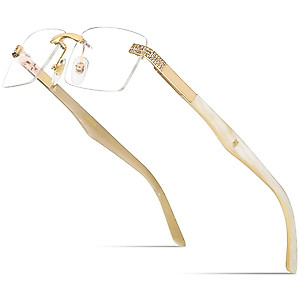HEPIDEM 100% Really Buffalo Horn Glasses,Square Rimless Luxury Buffs Eyeglasses With Diamonds (White 0023)