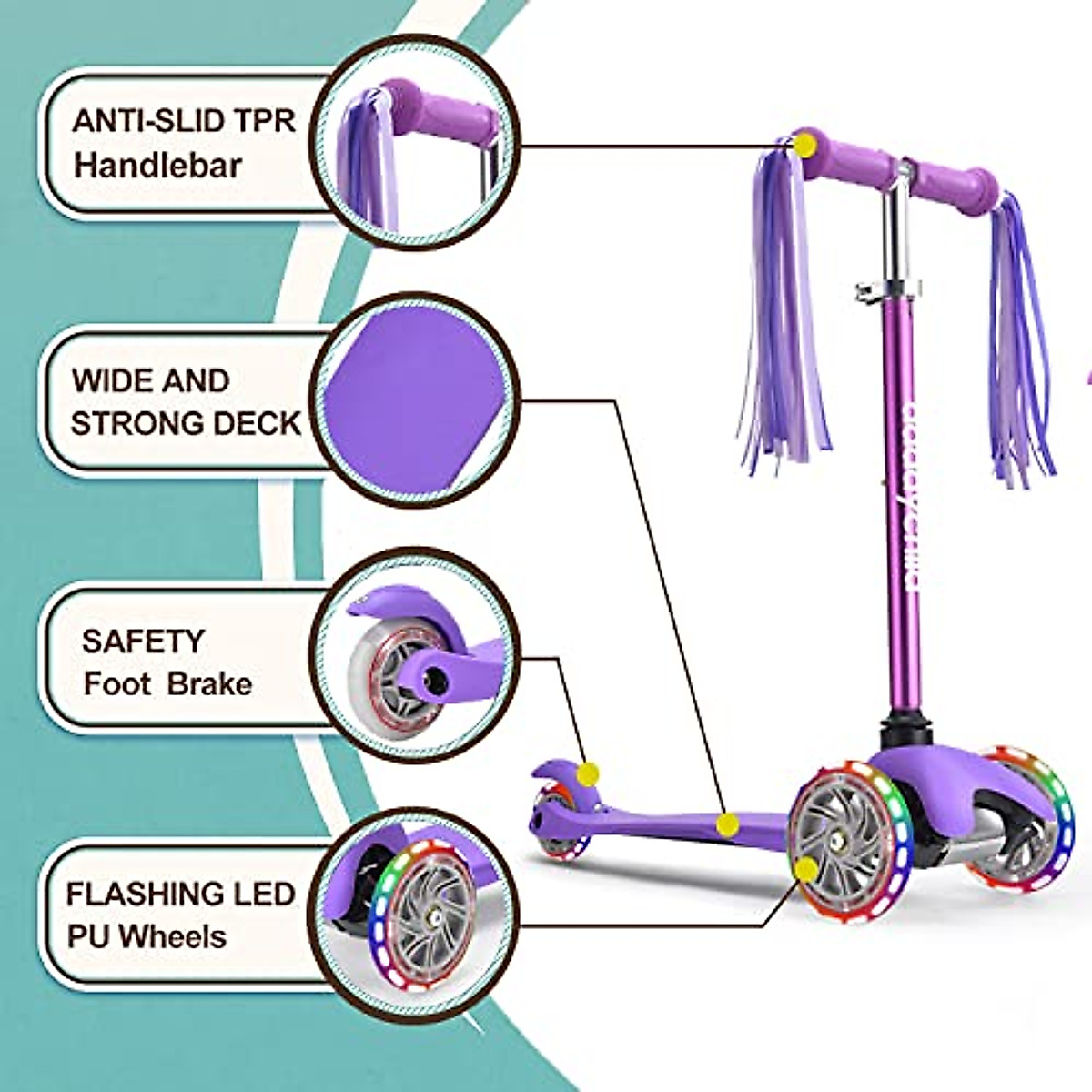 Kids Scooter - Toddler Scooter for Kids 3-6 Adjustable Height -3 Wheel Scooter for Kids Ages 3-5 Boys & Girls- Kids Three Wheel Scooter with Light Up LED Wheels Made for Stable Ride (Purple-Pro)