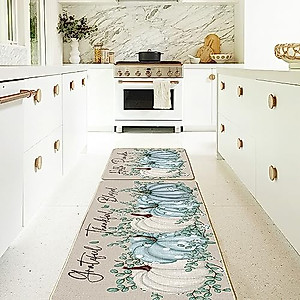 Artoid Mode Hello Pumpkin Eucalyptus Fall Kitchen Mats Set of 2, Thanksgiving Home Decor Low-Profile Kitchen Rugs for Floor - 17x29 and 17x47 Inch
