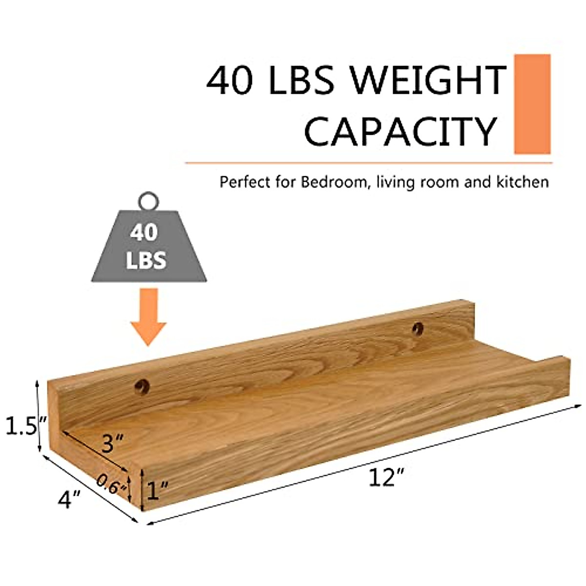 Recogwood 12-Inch Natural Solid Oak Floating Shelves for Wall Decor
