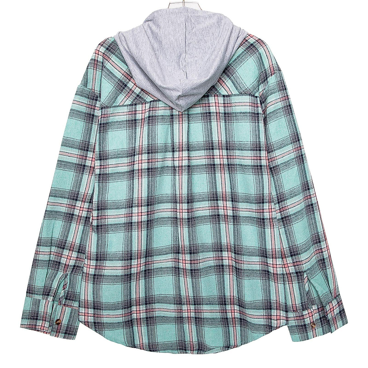Knemksplanet Women Plaid Hooded Shirt Drawstring Flannel Sweatshirt Hoodie Jacket Casual Button Down Blouse Tops with Pocket Light Green