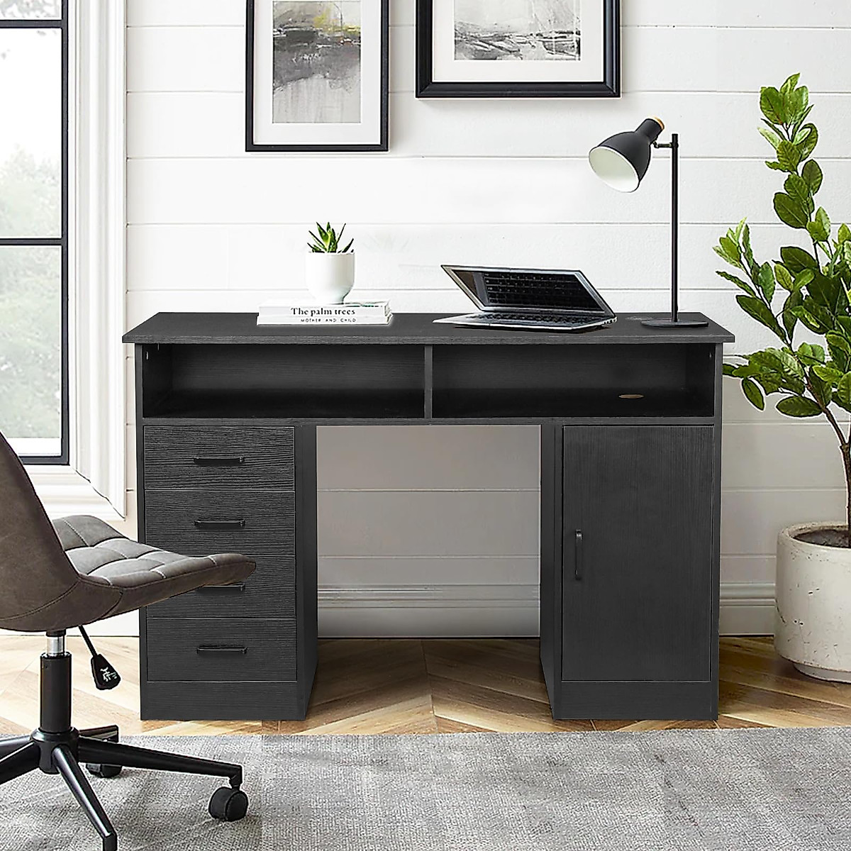 Karl home MDF Computer Desk with 4 Drawers and A Storage Cabinet, Home Office Desk Writing Desk with 2 Storage Compartments, Office Table for Bedroom Small Spaces, Black