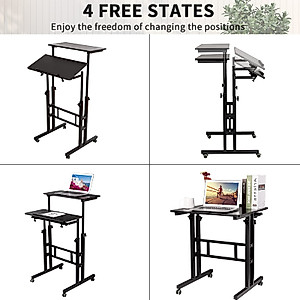 SIDUCAL Mobile Stand Up Desk, Adjustable Laptop Desk with Wheels Home Office Workstation, Rolling Desk Laptop Cart for Standing or Sitting, Black