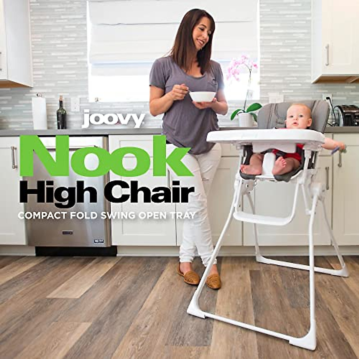 Joovy Nook High Chair Featuring Four-Position Adjustable Swing Open Tray, and Removable, Dishwasher-Safe Tray Insert for Easy Cleaning - Folds Down Flat for Easy Storage (Charcoal)