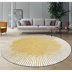 Vintage Yellow White Modern Abstract Round Area Rug 5ft Washable Wool Shaggy Soft Circular Rug for Living Room Bedroom Boho Carpet Under Dining Table Indoor Nursery Rug Floorcover