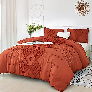 PERFEMET Terracotta Girls Queen Comforter Set 3Pcs Boho Burnt Orange Tufted Comforter Soft Fluffy Embroidery Vintage Bedding Sets Boho Rust Farmhouse Bed Set for All Season Use(Terracotta, Queen)