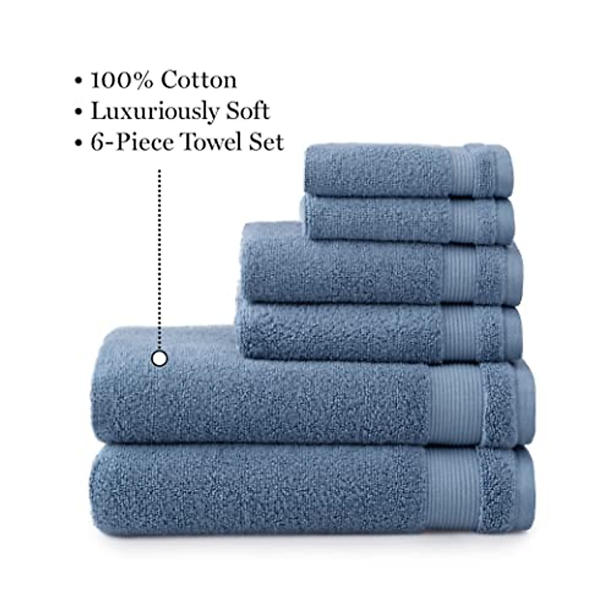 MARTHA STEWART 100% Cotton Bath Towels Set - 6 Piece Set | 2 Bath Towels - 2 Hand Towels - 2 Washcloths | Quick Dry Towels | Plush Towels | Absorbent | Ideal For Everyday Use | Blue Towels