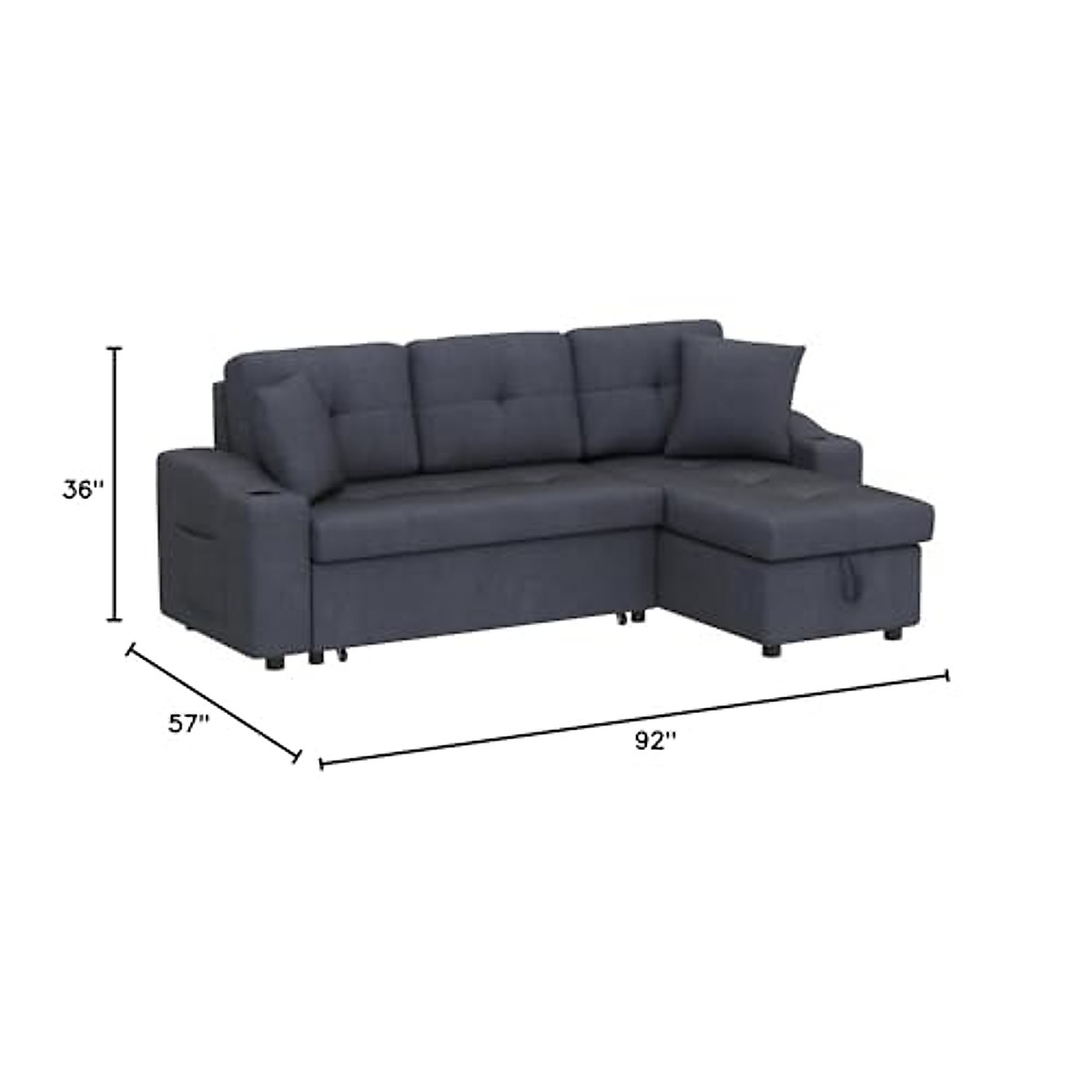 OPTOUGH Sleeper Sectional Sofa with Storage Chaise and Pull Out Bed,L-Shaped Couch with 2 Cupholders, Side Pockets & Pillows for Living Room Apartment, Gray, Dark Grey