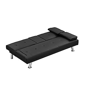 MOEO Convertible Folding Faux Leather Futon Sofa Bed, Modern Lounge Couch with 2 Cup Holders Removable Soft Armrests and Sturdy Metal Legs for Home, Living Room, Black