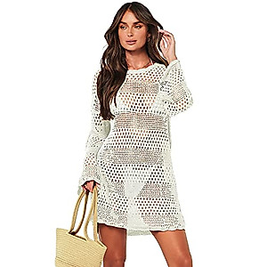 Prinbara Womens Vacation Dress Coverups Beachwear Clothes Sexy Crochet Cover up Tops Summer Swimsuit for Women Beach Outfit Bikini Swimwear 2023 Fashion Trendy Bathing Suit 9PA58-baise-M White
