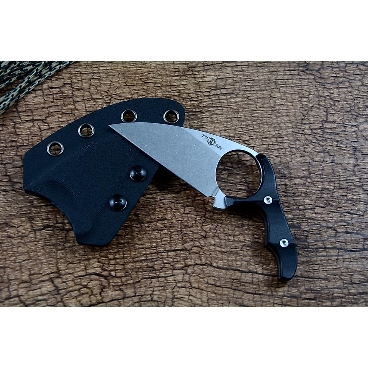 TWO SUN Fixed Knife 14C28N Blade with Kydex Case Black Micarta Handle TS467