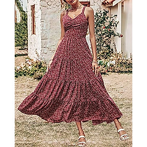 BTFBM Women Sleeveless V Neck Summer Maxi Dresses 2023 Print Backless Strap Tie Back Beach Party Pleated Long Boho Dress(Floral Wine Red, Large)
