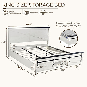 JXQTLINGMU Farmhouse Wood Bed Frame King Size with Sliding Barn Door Storage Cabinets and Headboard, Solid Wood Slats Support, Noiseless, No Box Spring Needed, Antique White