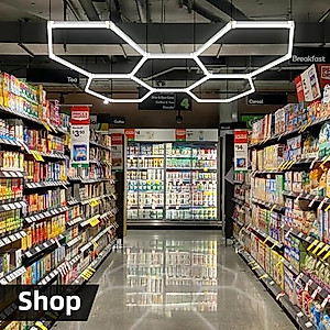 Brivulgent Larger Hexagon Led Lights for Garage Plug in 14 Grid Car Detailing 14 Hex Kit W Border Ceiling Hanging Barber Shop Electric Honeycomb Lighting (25 Pack Kit (8’ x 5.5’))