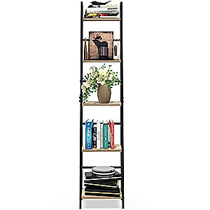 SpringSun 5-Tier Ladder Shelf Bookcase, Living Room Rustic Standing Shelf Storage Organizer, Wood and Metal Shelf for Home and Office