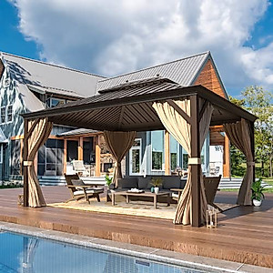 EROMMY 10'x12' Hardtop Gazebo Double Roof Galvanized Steel Canopy Outdoor Aluminum Frame Permanent Metal Pavilion with Netting and Curtains for Patio Backyard Deck and Lawns
