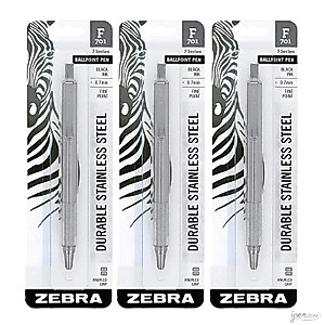 3 - Zebra F-701 Ballpoint Pens, Stainless Steel with Knurled Grip, Pk of 3 Pens