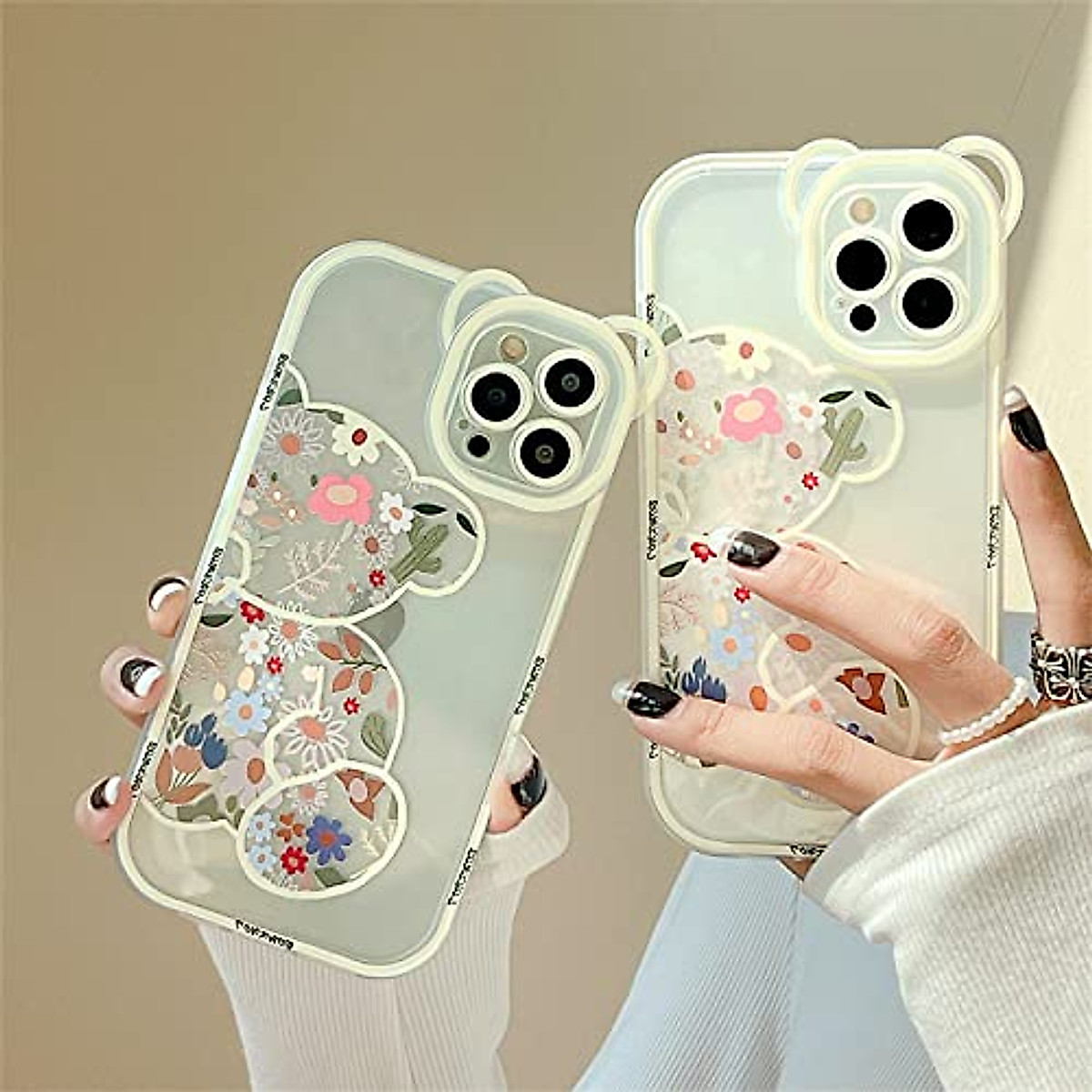 Aitipy Compatible with iPhone 12 Case, Cute Flowers Floral Bear Cover with Lovely Wrist Strap Bracelet Chain for Girls Women, Clear Kawaii Camera Protection Pretty Trendy Phone Skin