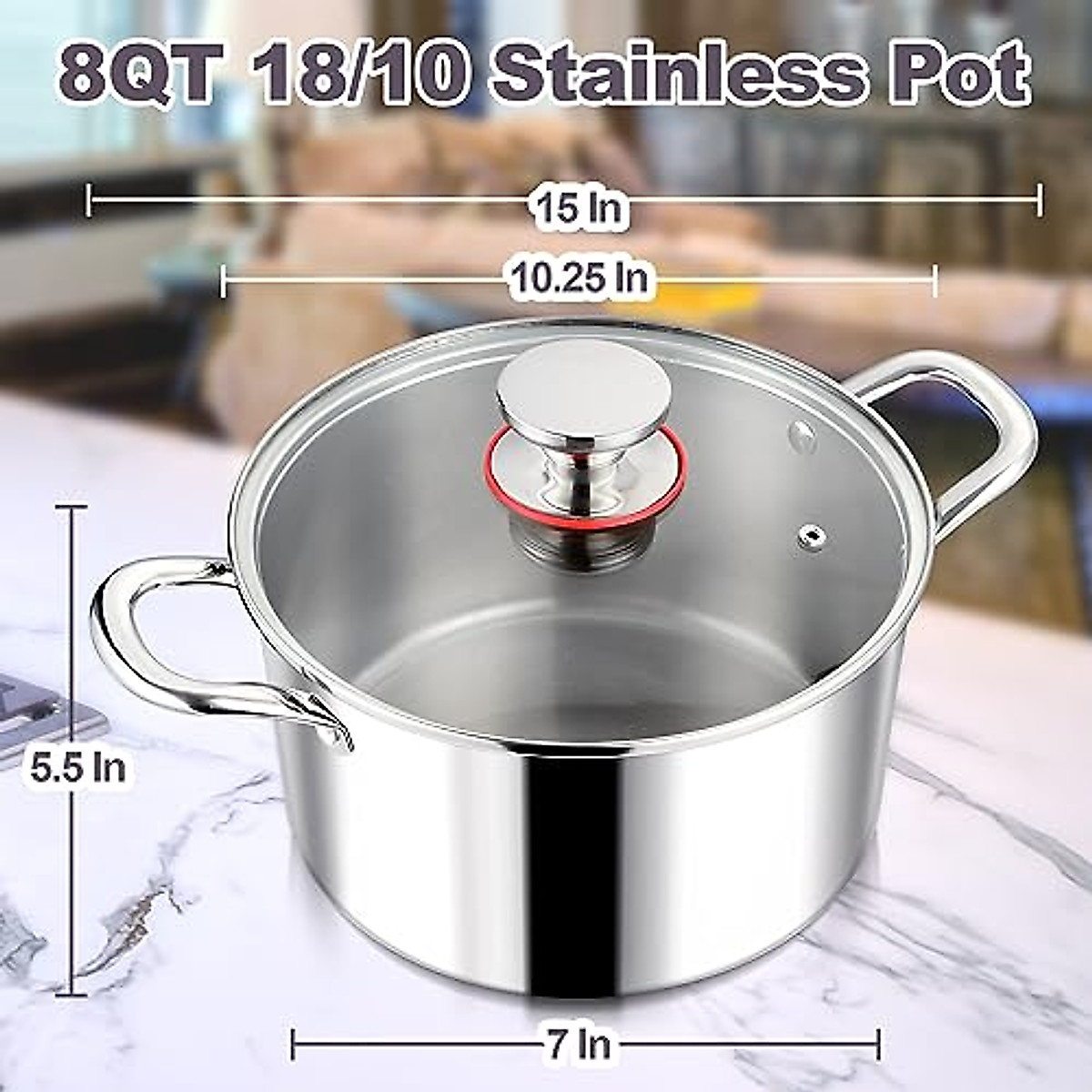 LIANYU 8QT 18/10 Stainless Steel Soup Pot with Lid, 8 Quart Stock Pot With Triple Ply, Heavy Duty Pasta Soup Canning Stockpot, Induction Pot for Boiling Strew Simmer, Big Cookware Cooking Pot