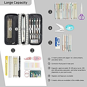 Vnieetsr Large Pencil Case Big Capacity Pencil Bag Large Storage Pouch 3 Compartments Desk Organizer Marker Pen Case Simple Stationery Bag Pencil Holder (Plaid White)