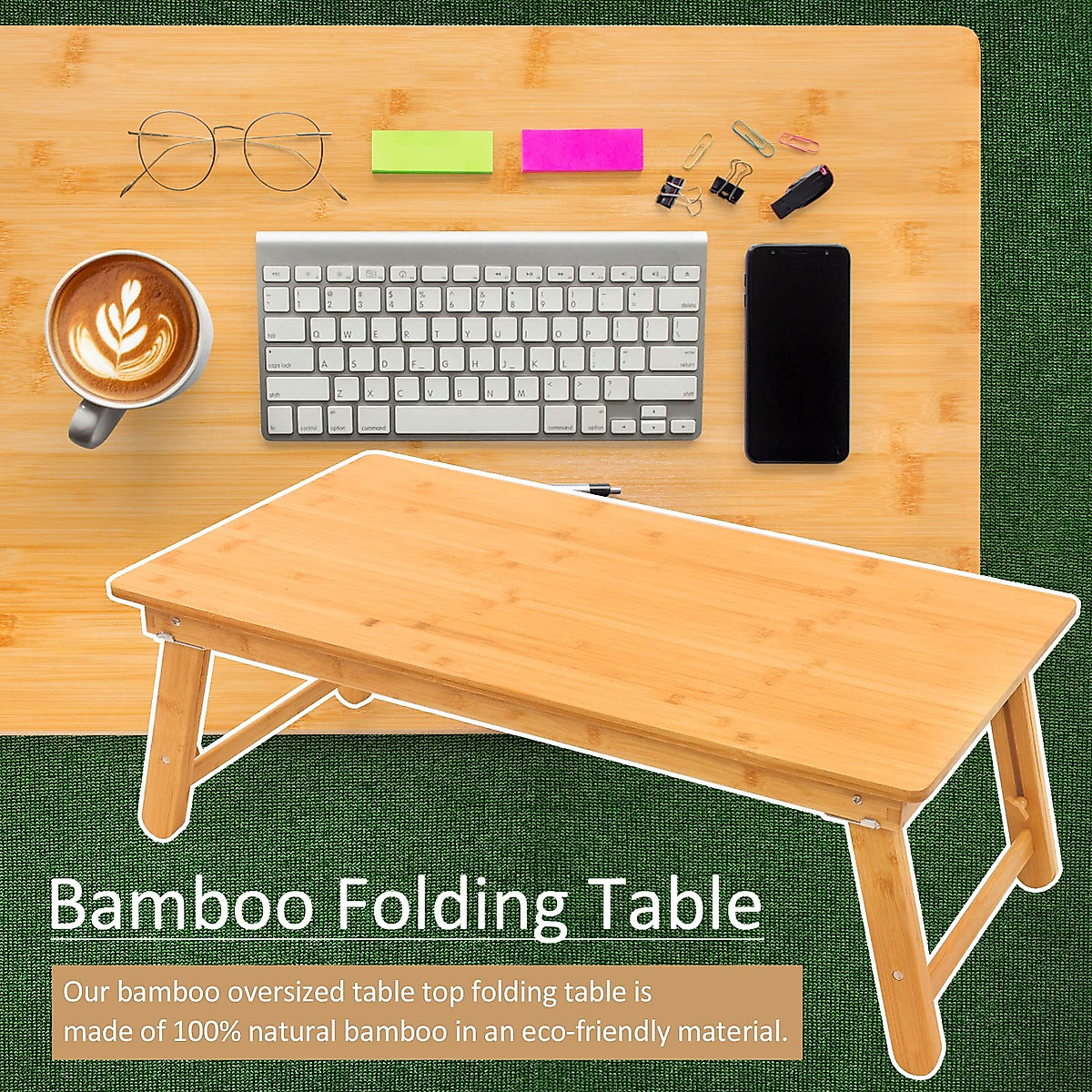 Adjustable Large Size Laptop Desk,Bamboo Lap Table Bed Tray,Foldable 4 Legs Serving Tray Working, Eating and Gaming for Bed,Couch,Floor， 33.5x17.7in