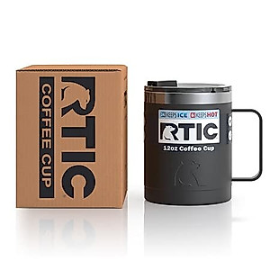 RTIC Coffee Mug with Handle, 12oz, Black, Portable Travel Thermal Camping Cup, Vacuum-Insulated with Lid, Stainless Steel, Sweat Proof, Keeps Hot & Cold Longer
