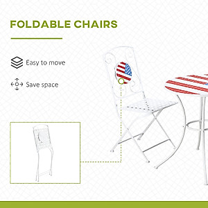 Outsunny 3 Piece Patio Bistro Set, Folding Outdoor Furniture with USA Mosaic Table and Chairs, Portable Metal Frames for 4th of July, Balcony, Backyard, Poolside, Porch, American Flag