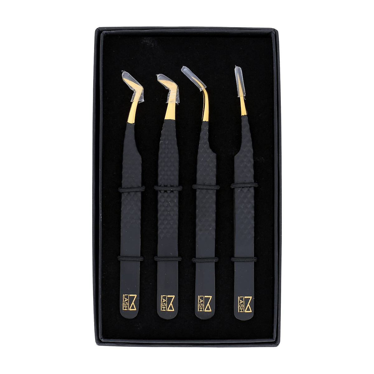 M LASH Eyelash Extension Tweezers (Set of 4) - Professional & Precision Lash Tweezers for Eyelash Extensions - Japanese Steel, Diamond Grip, Fiber Tip (Matte Black)