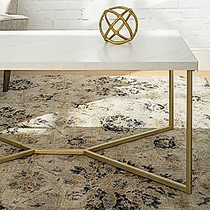 Walker Edison Mid Century Modern Marble Gold Rectangle Coffee Table Living Room Accent Ottoman Storage Shelf, 42 Inch, Marble and Gold