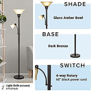 Catalina 18223-002 Transitional Metal Uplight Floor Lamp with Reading Light and Glass Shades, 71", Bronze