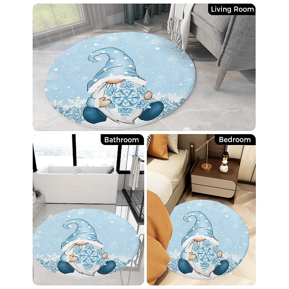 Winter Fluffy Round Area Rug Carpets 4ft, Plush Shaggy Carpet Soft Circular Rugs, Non-Slip Fuzzy Accent Floor Mat for Living Room Bedroom Nursery Home Decor Christmas Gnomes Blue Snowflake