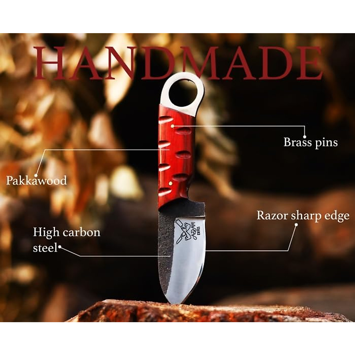 ADAM KNIVES Fixed Blade Carbon Steel Outdoor Knife with Pancake Leather Sheath, 7'' Full Tang Skining Knife,Non-Slip Wooden Handle,Camping Knife (Orange)