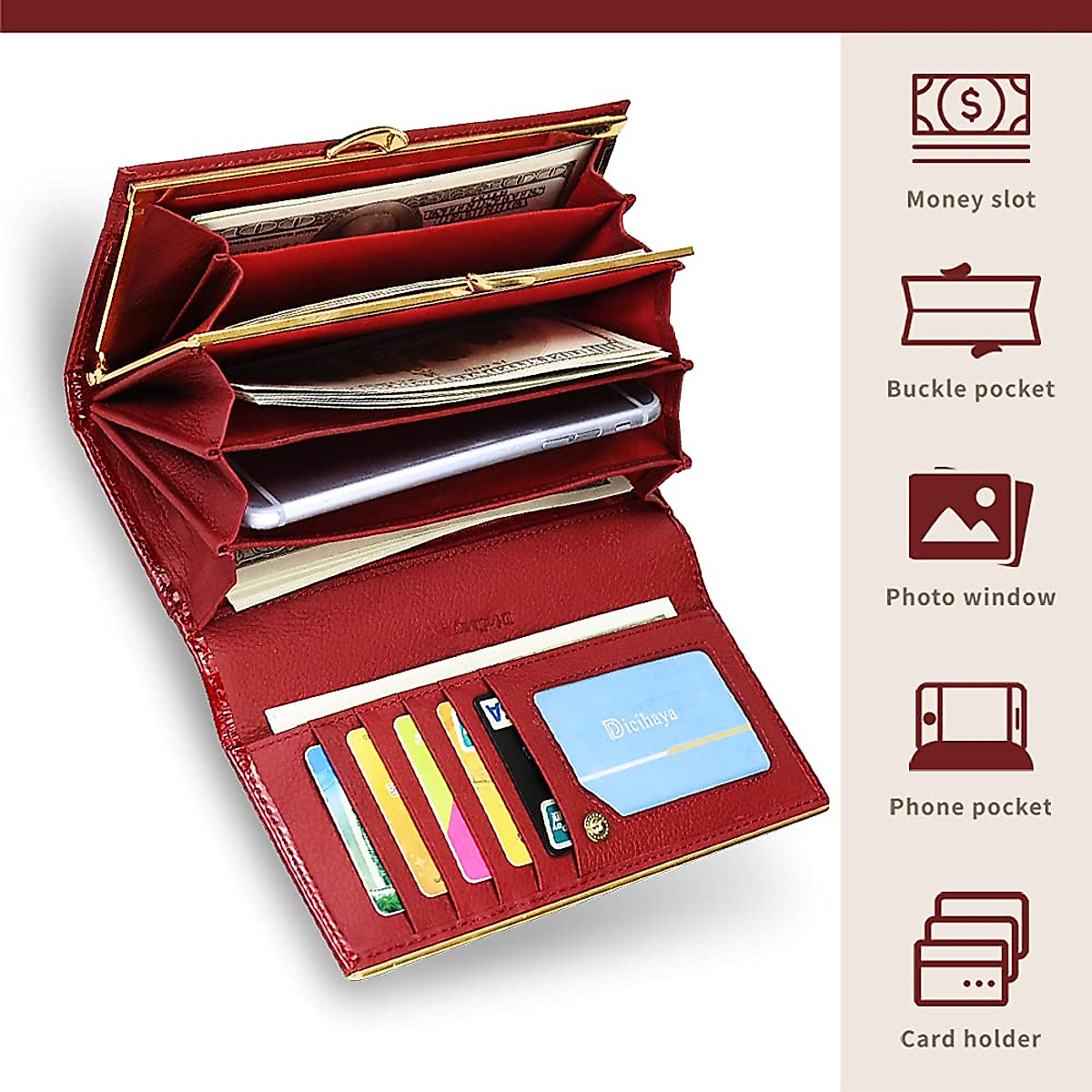 Dicihaya Wallet for Women Genuine Leather Card Holder Large Capacity Phone Checkbook Organizer Buckle Coin Purse (Red)