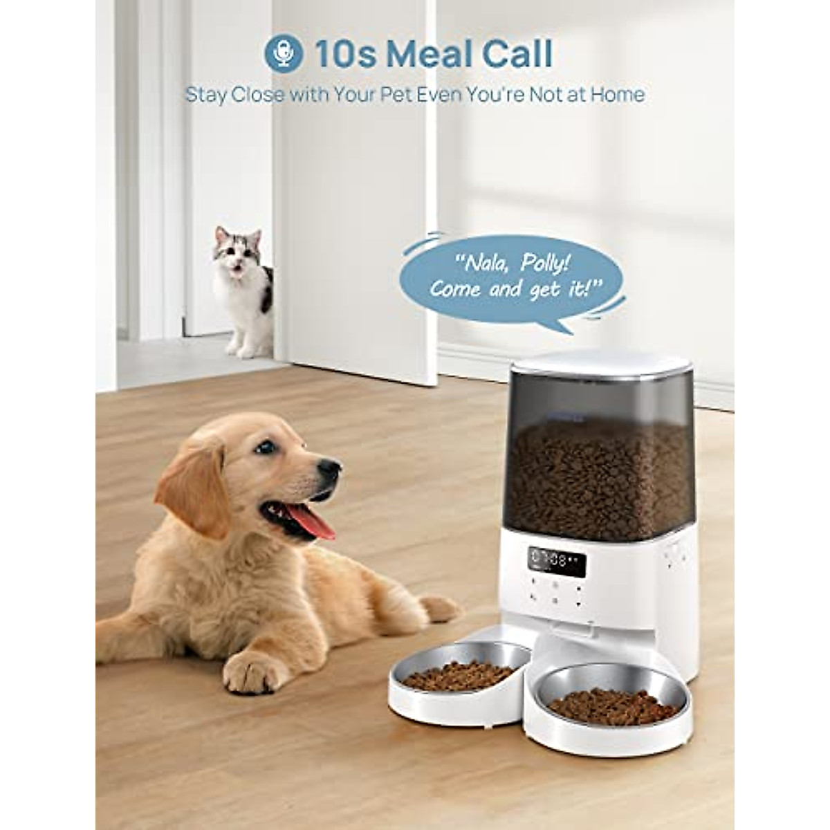 Rellorus Automatic Cat Feeders, 5L/21Cups Pet Food Dispenser for Two Cats, Timed Cat Feeder with Double Bowls, 48 Portions 6 Meals Per Day for Cat and Dog, 10s Meal Call