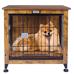 COPAW Dog Crate Furniture - 27 Inch Wooden Wire Pet Kennels with Double Doors Cushion and Adjustable Feet Indoor Pet House End Table Furniture Style Dog Crate for Small Medium and Large Breeds Dogs