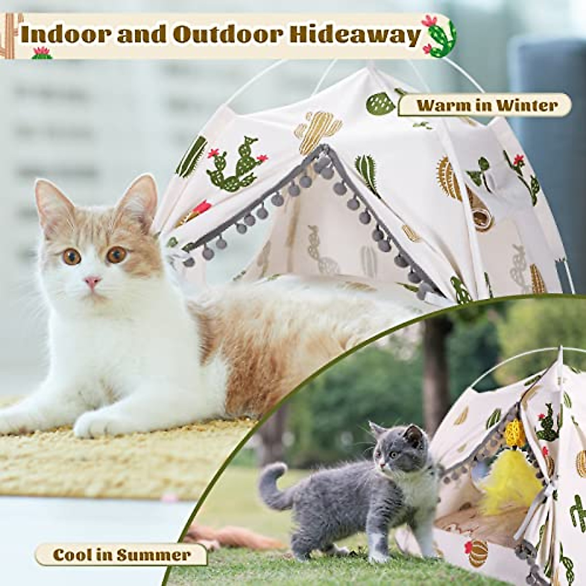 Grand Line Cat Bed Cat House with Mat, Foldable Cat Tent Kitten Teepee Indoor Outdoor, Portable Cute Nest for Cat Dog Puppy up to 10 lbs, Washable Cushion, All Seasons Available (Cactus)