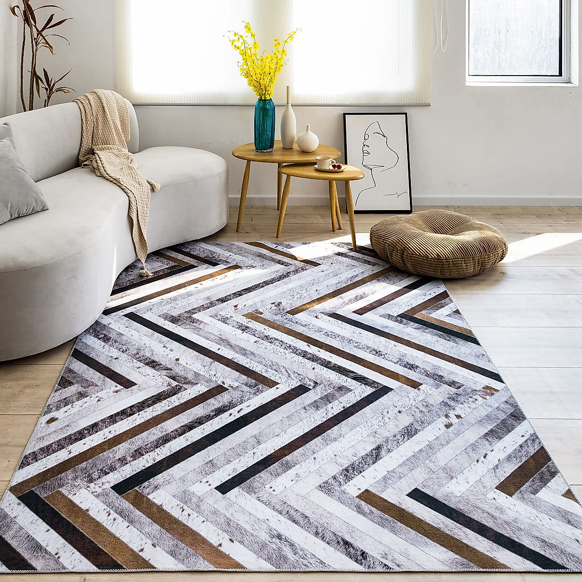 DECOMALL Coronado 9x12 Area Rugs, Modern Geometric Faux Cowhide Patchwork Rug, Non Slip Carpet for Living Room Bedroom, 9x12ft Multi