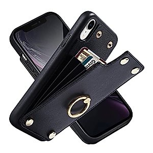 LAMEEKU Wallet Case for iPhone XR, Finger Kickstand Ring Holder Leather Case with Card Holder Slot Money Pocket 360°Rotation Metal Ring Grip Stand Cover for Apple iPhone XR 6.1''-Black
