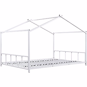 DNYN Full Size Montessori Floor Bed with Roof Design for Kids Bedroom,House Bedframe for Small Space,Easy Assembly & No Box Spring Needed, White