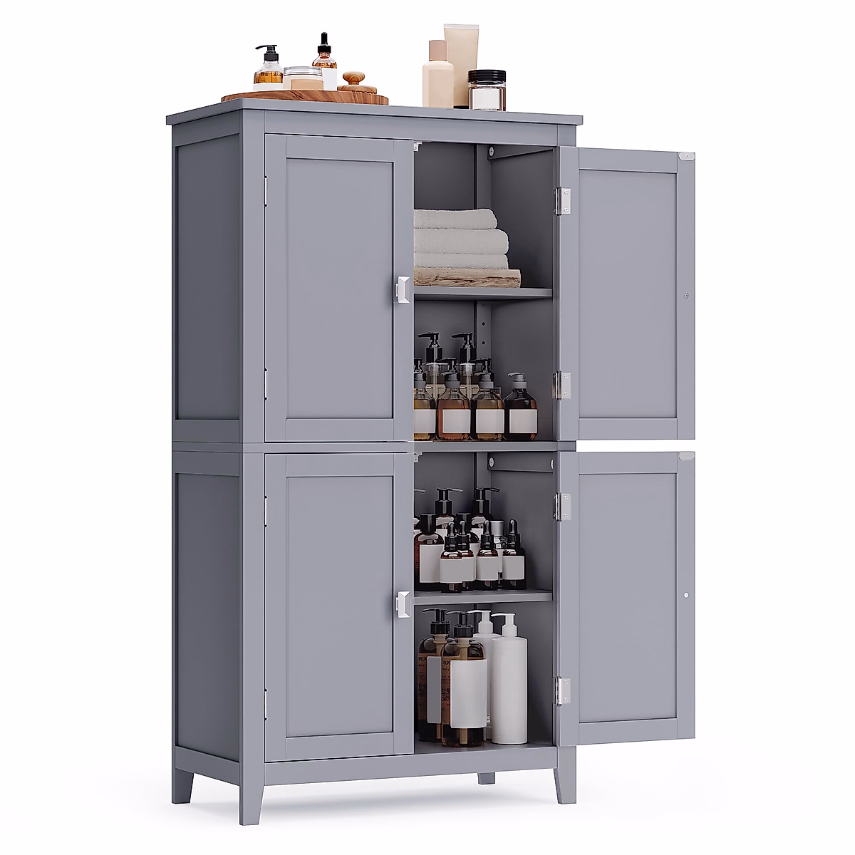 VASAGLE Bathroom Floor Storage Cabinet, Bathroom Storage Unit, Freestanding Cabinet with 4 Doors, Adjustable Shelves, 11.8 x 23.6 x 43.3 Inches, Mystic Gray UBBC552P36