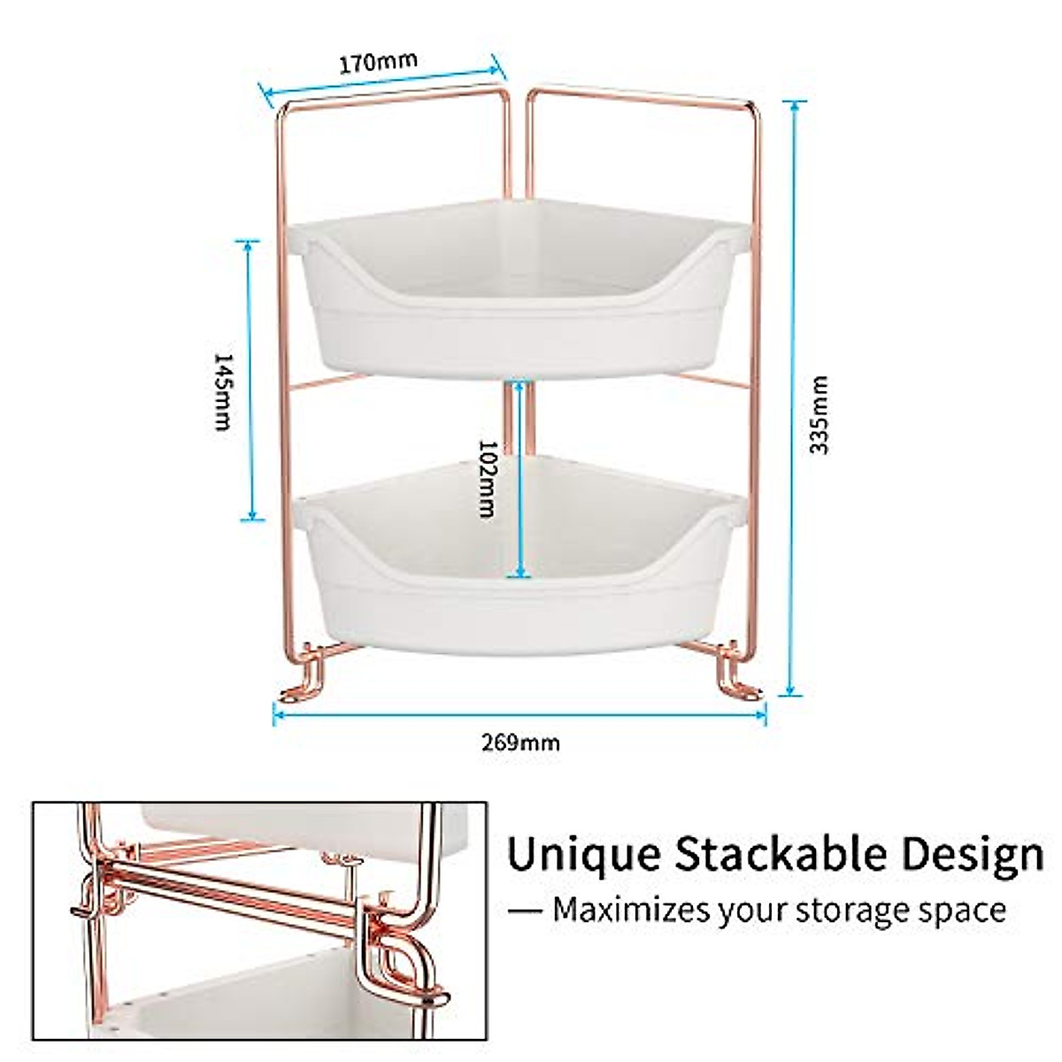 kaileyouxiangongsi 2-Tier Cosmetic Storage Shelf, Bathroom Countertop Organizer, Vanity Tray Cosmetic & Makeup Storage, Corner Storage Shelf,Spice Rack（Rose Gold）