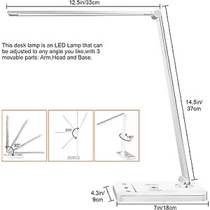 LED Desk Lamp Dimmable Table Lamp Reading Lamp with USB Charging Port, 5 Lighting Modes, Sensitive Control, 30/60 Minutes Auto-Off Timer, Eye-Caring Office Lamp (Silver, White)