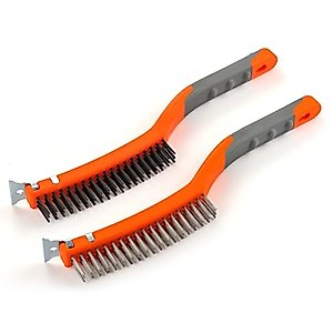 MAXMAN Wire Brushes 2 Pcs, 14 Inch Stainless & Carbon Steel Wire Scratch Brush, Wire Brush with Rubber Handle, Heavy Duty Wire Brushes with Metal Scraper for Cleaning Rust, Automotive, Paint, Welding