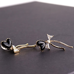 Sonateomber Black Heart Bow Drop Dangle Earrings for Women - Cute Trendy Sparkly Gold Cubic Zirconia chain Valentines Jewelry Gift