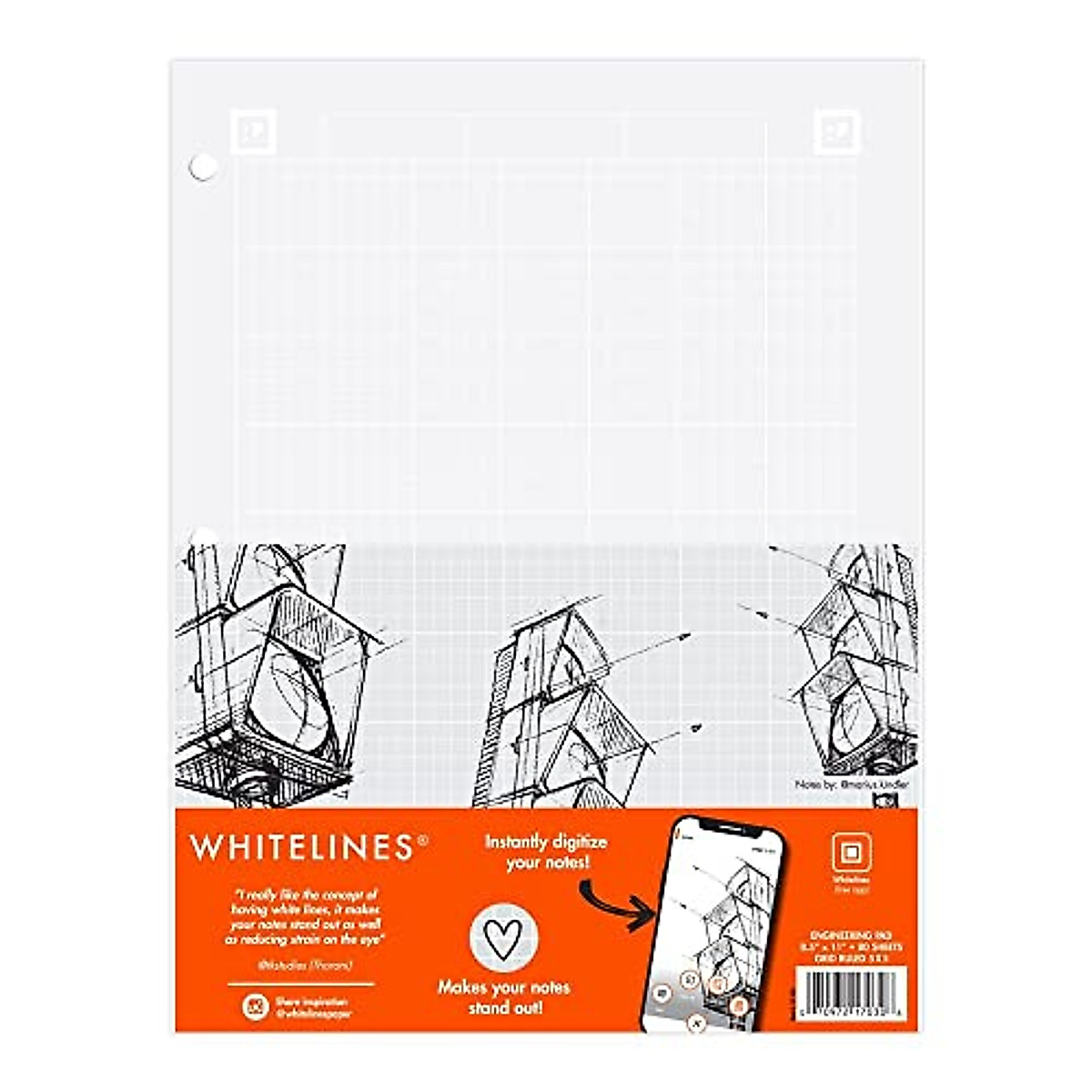 ROARING SPRING Whitelines Engineering Pad, Digitally Download Your Notes with FREE App, Premium Gray Paper, 8.5" x 11" 80 Sheets