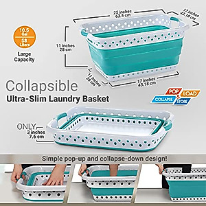 Pop & Load Collapse & Store 1 Large 25" Slim Collapsible Plastic Laundry Basket, Space Saving Portable Pop Up Storage & Organization Basket, 3" High When Folded, Dual Comfort Grip Handles, Teal