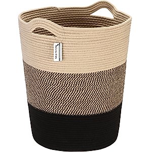 Sea Team Large Size Cotton Rope Woven Storage Basket with Handles, Laundry Hamper, Fabric Bucket, Drum, Clothes Toy Organizer for Kid's Room, 20 x 14 inches, Round Open Design, White & Mottled Purple